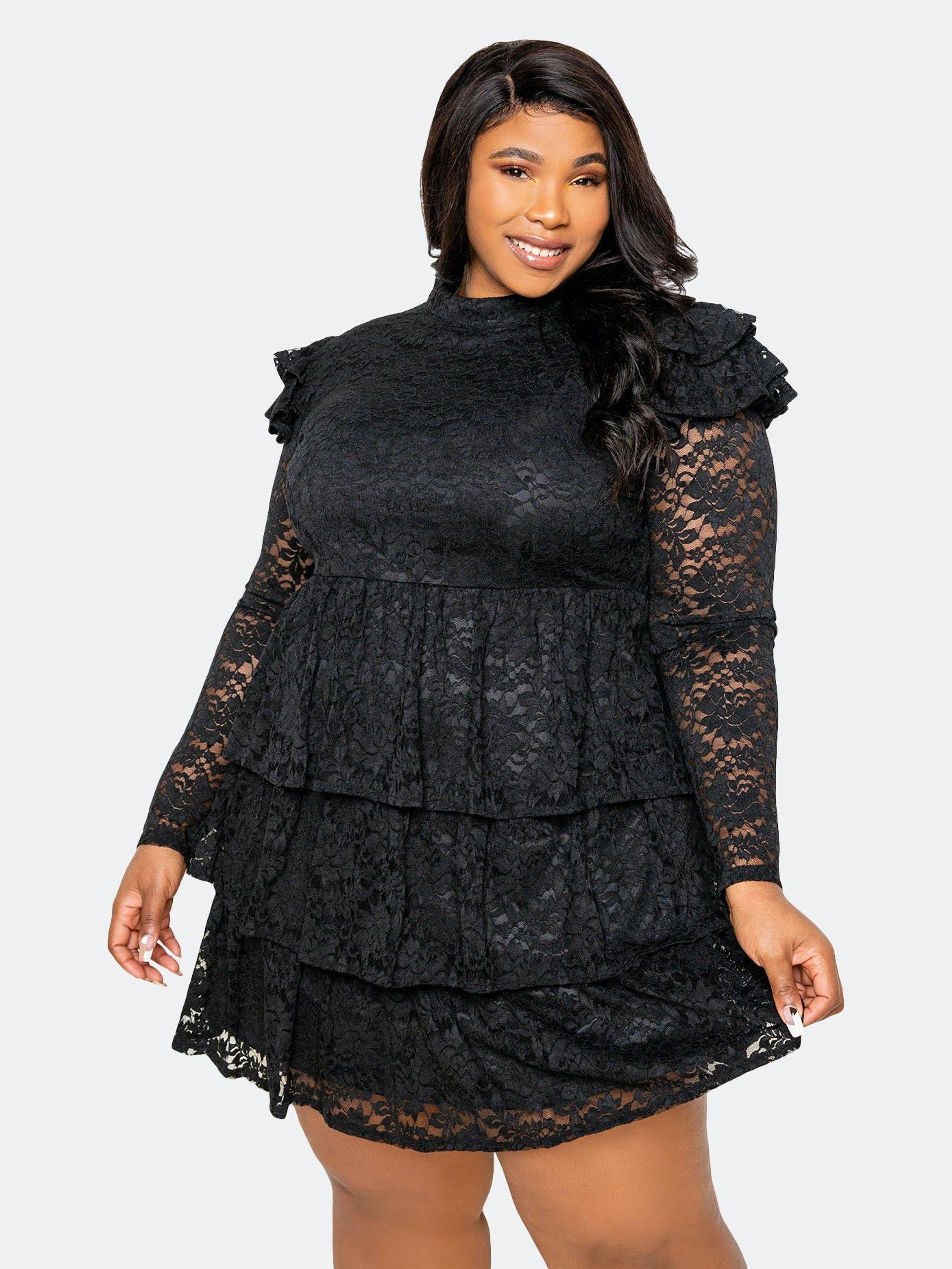 Buxom Couture Tiered Lace Mini Dress in Black | Lyst