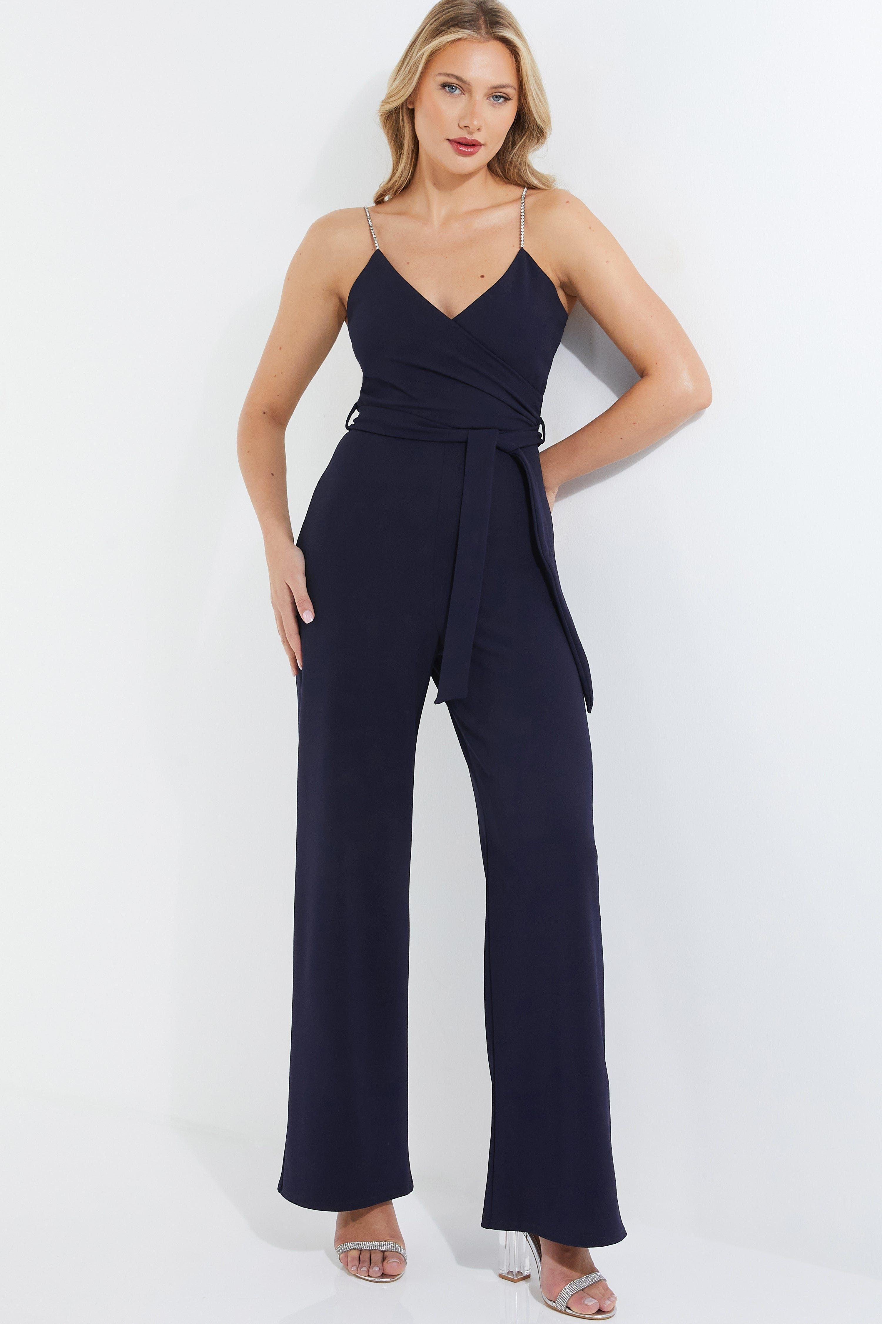 Quiz Wrap Embellished Strap Palazzo Jumpsuit In Blue Lyst