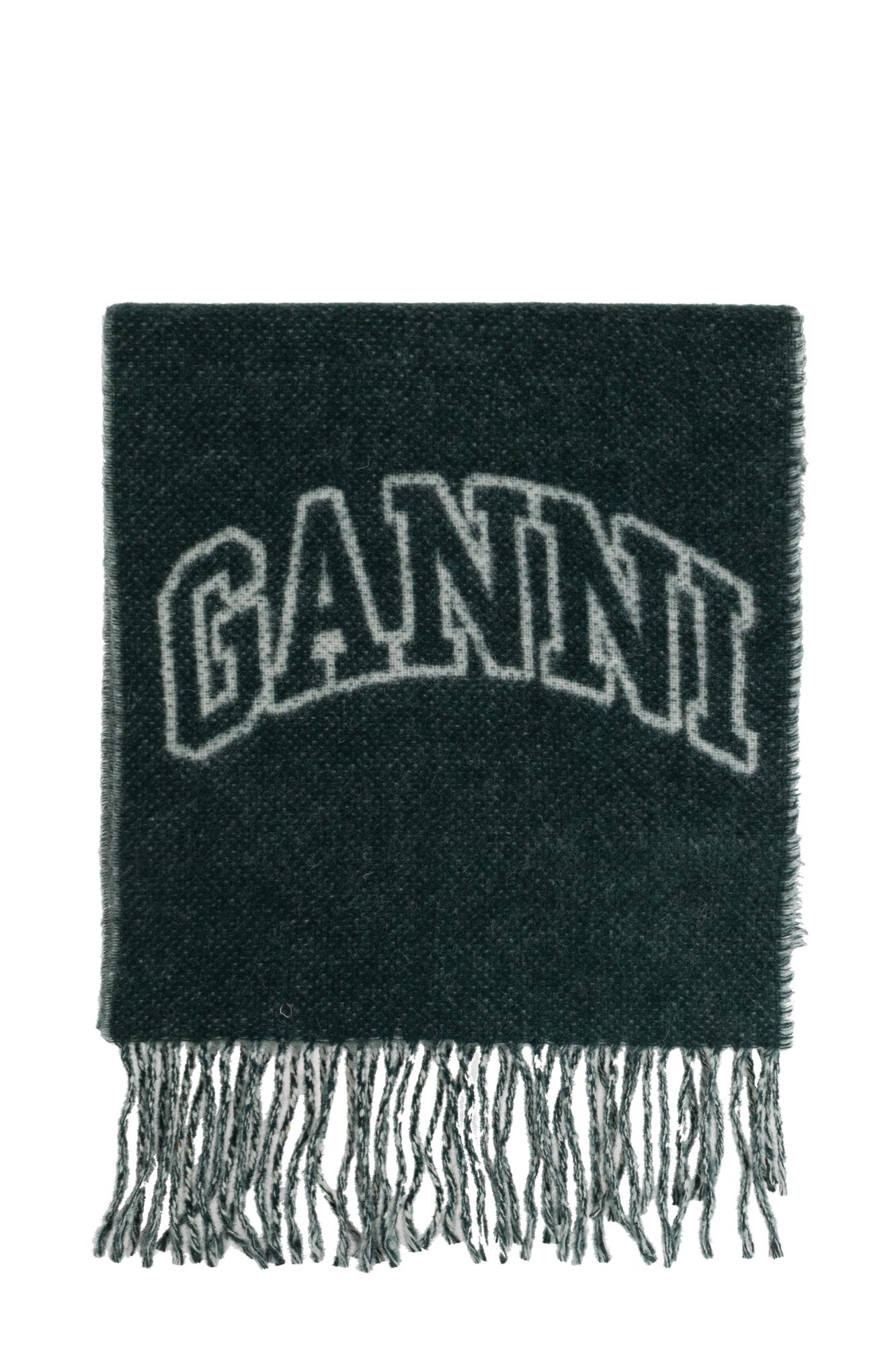 Ganni Wool Scarf With Logo in Green | Lyst UK