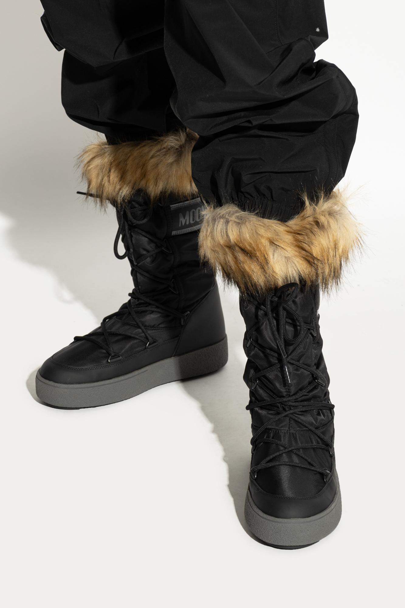 Moon Boot Lace-Up Fur-Trimmed Snow Boots in Black | Lyst