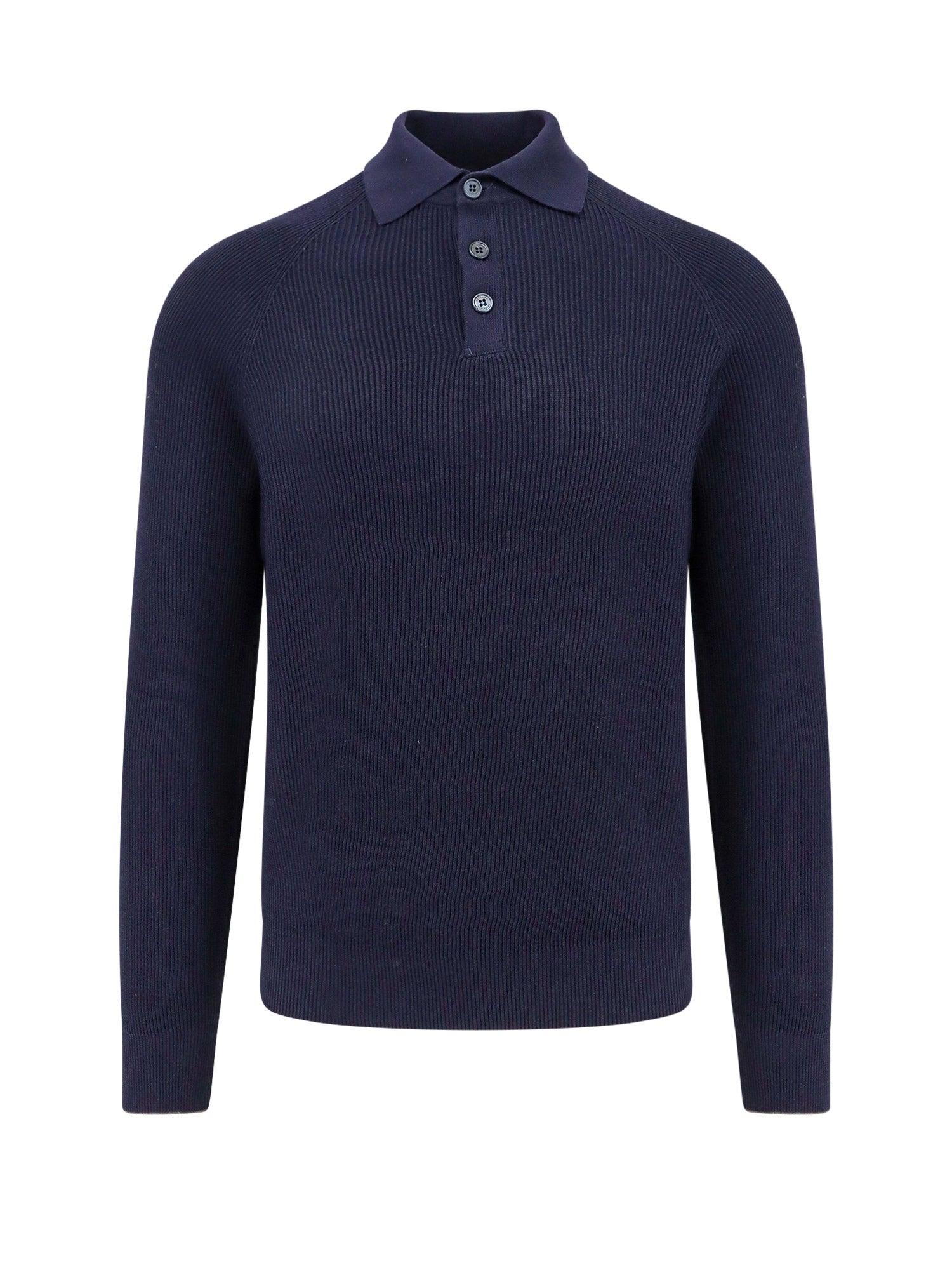 Brunello Cucinelli Ribbed Cotton Polo Sweater in Blue for Men | Lyst UK