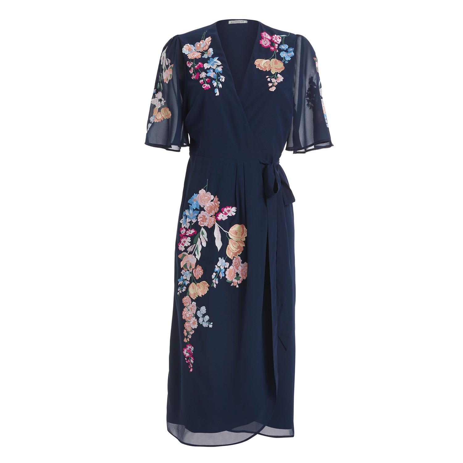 Hope And Ivy The Claire Embroidered Flutter Sleeve Midi Wrap Dress With