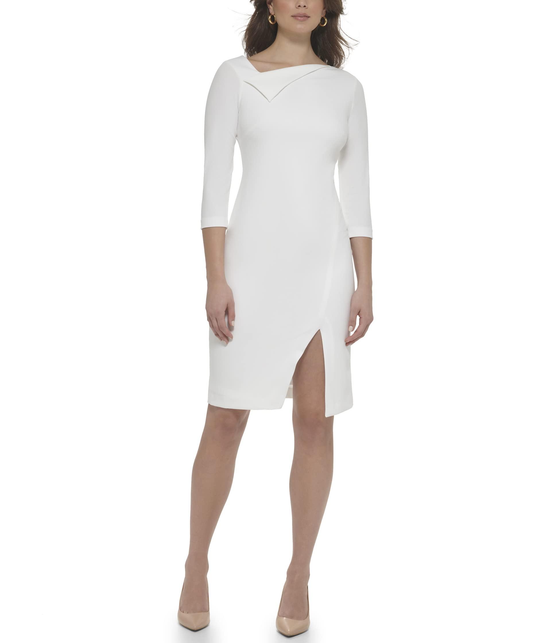 Calvin Klein 3 4 Sleeve Scuba Crepe Sheath Dress With Asymmetrical