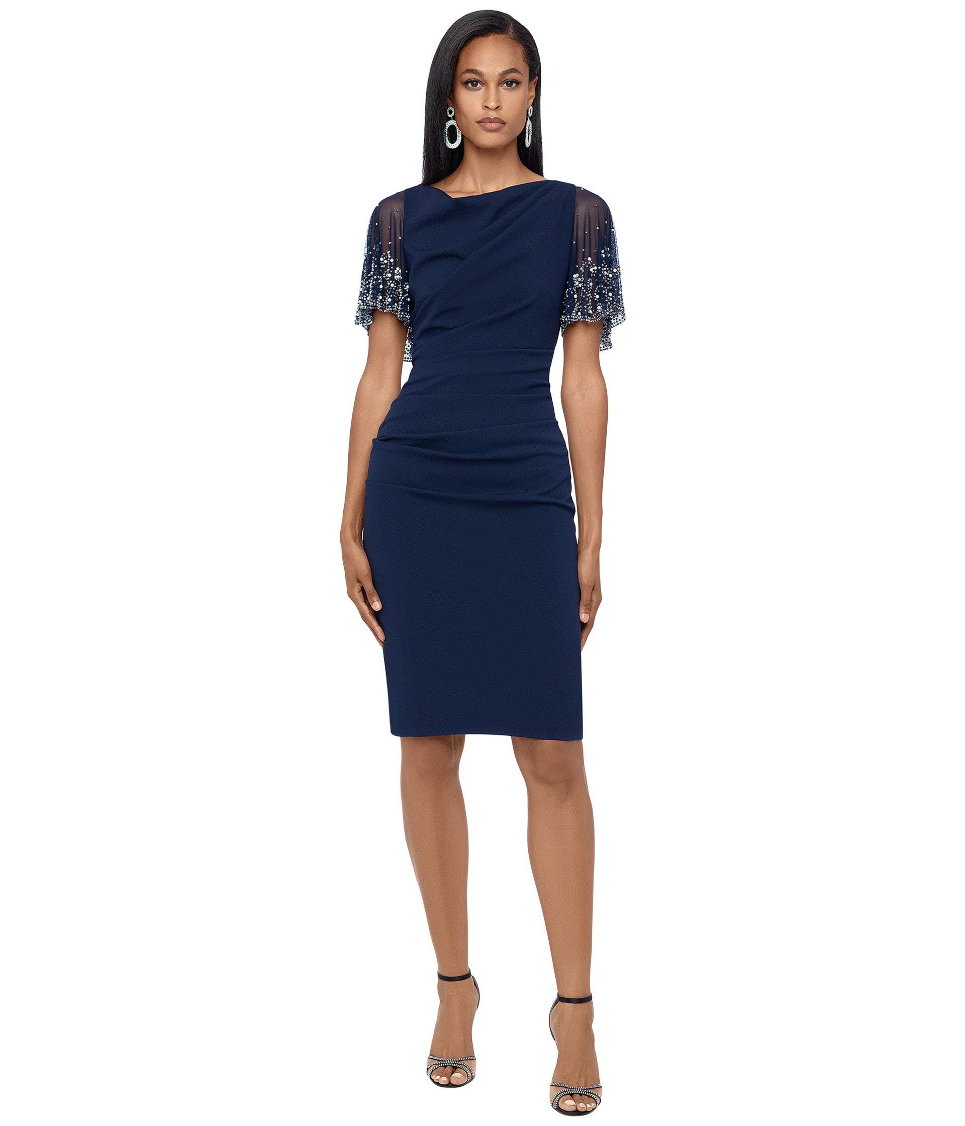 Betsy And Adam Short Ruched Crepe W Beaded Flutter Sleeve In Blue Lyst
