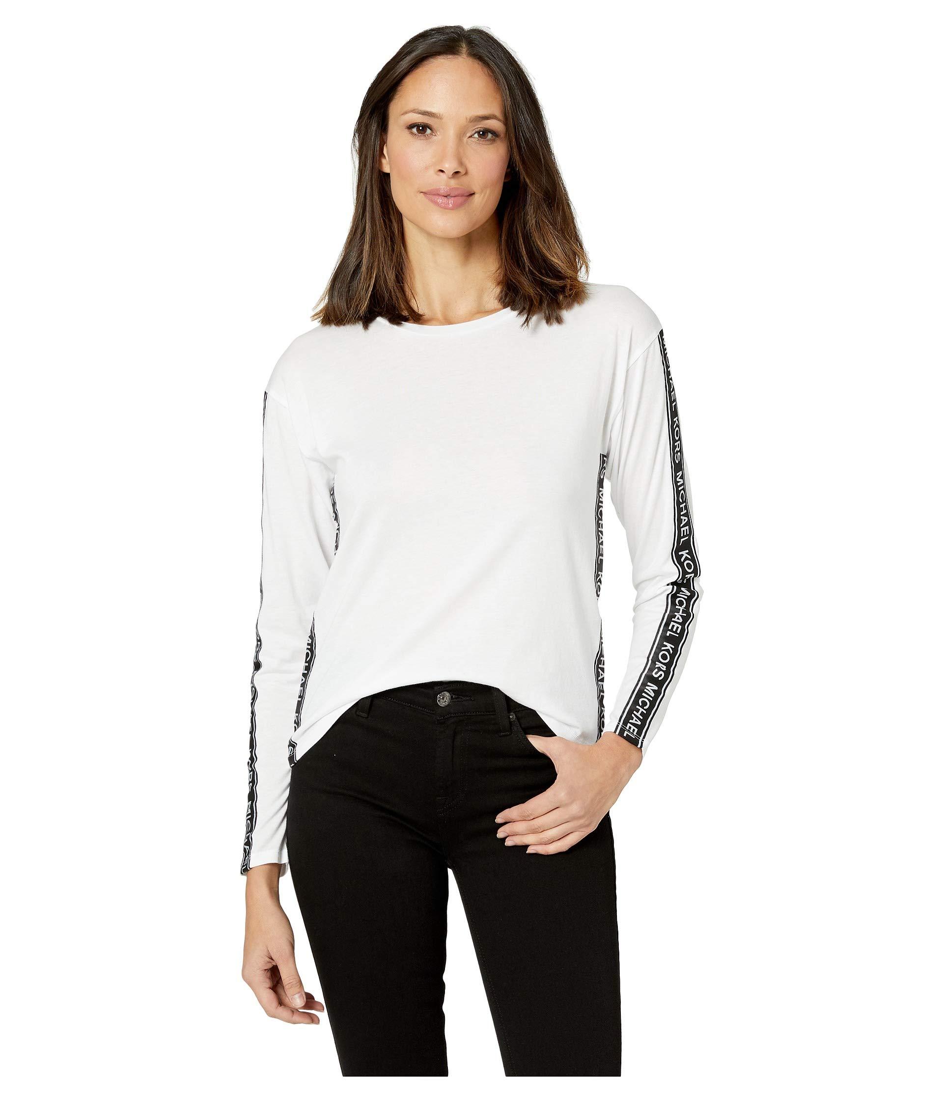Michael Michael Kors Cotton Logo Tape Long Sleeve Top In White Lyst