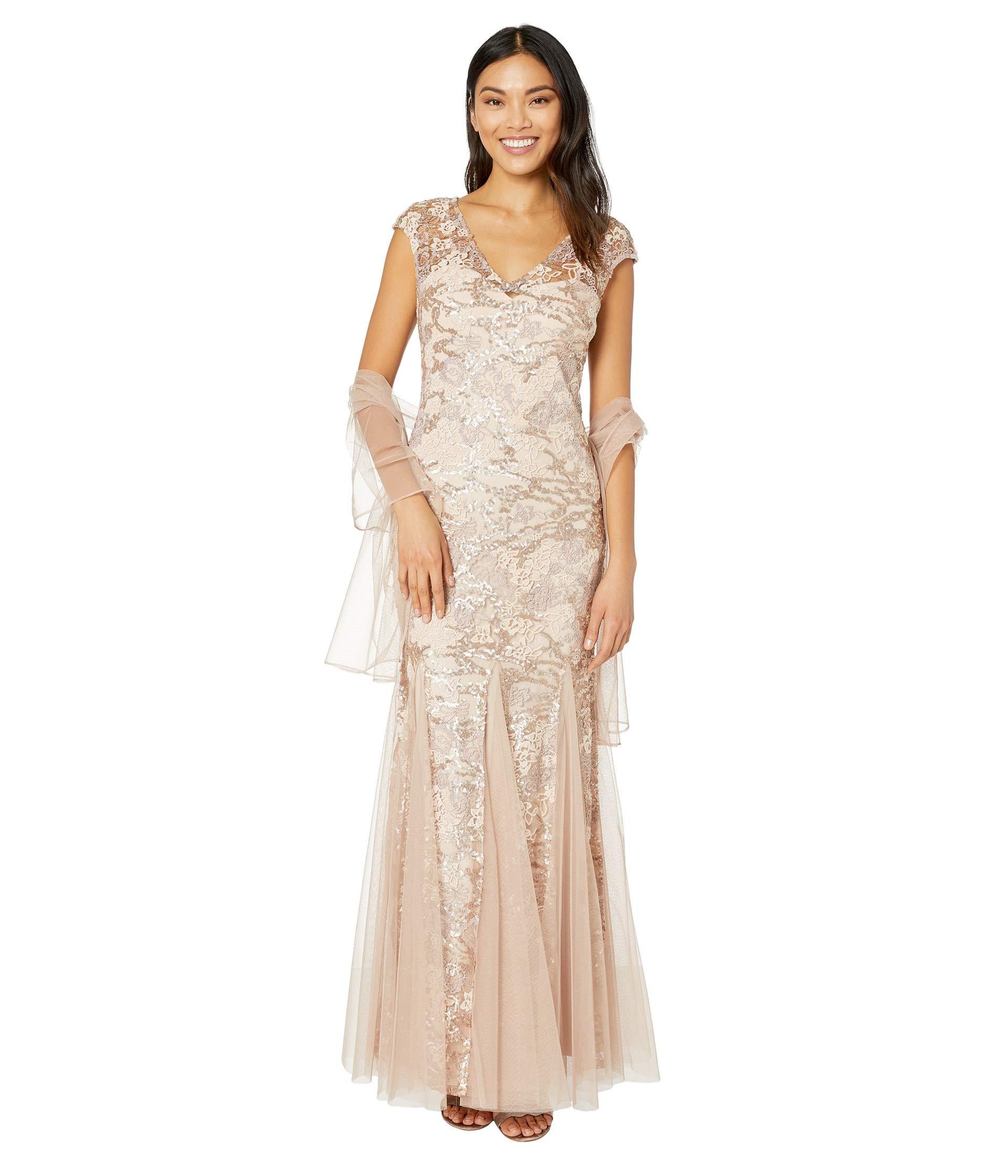 Alex Evenings Lace Long Embroidered Fit And Flare Dress With Godet