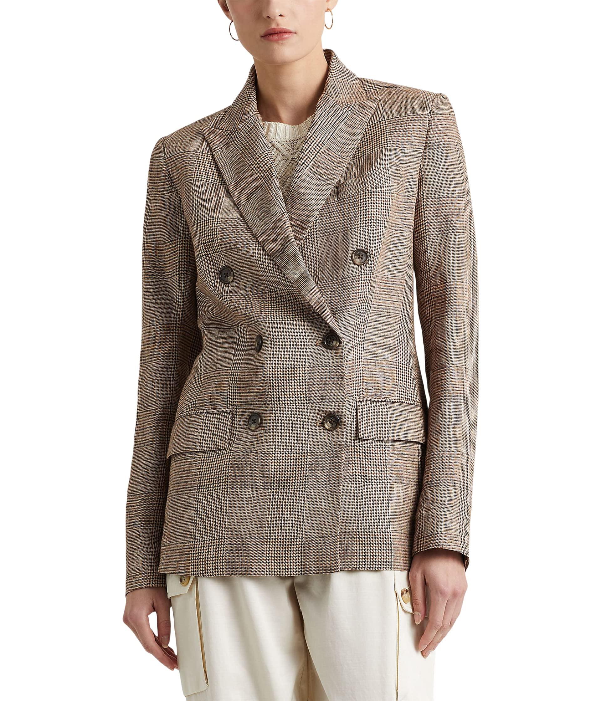 Lauren By Ralph Lauren Glen Plaid Linen Double Breasted Blazer In Brown Lyst