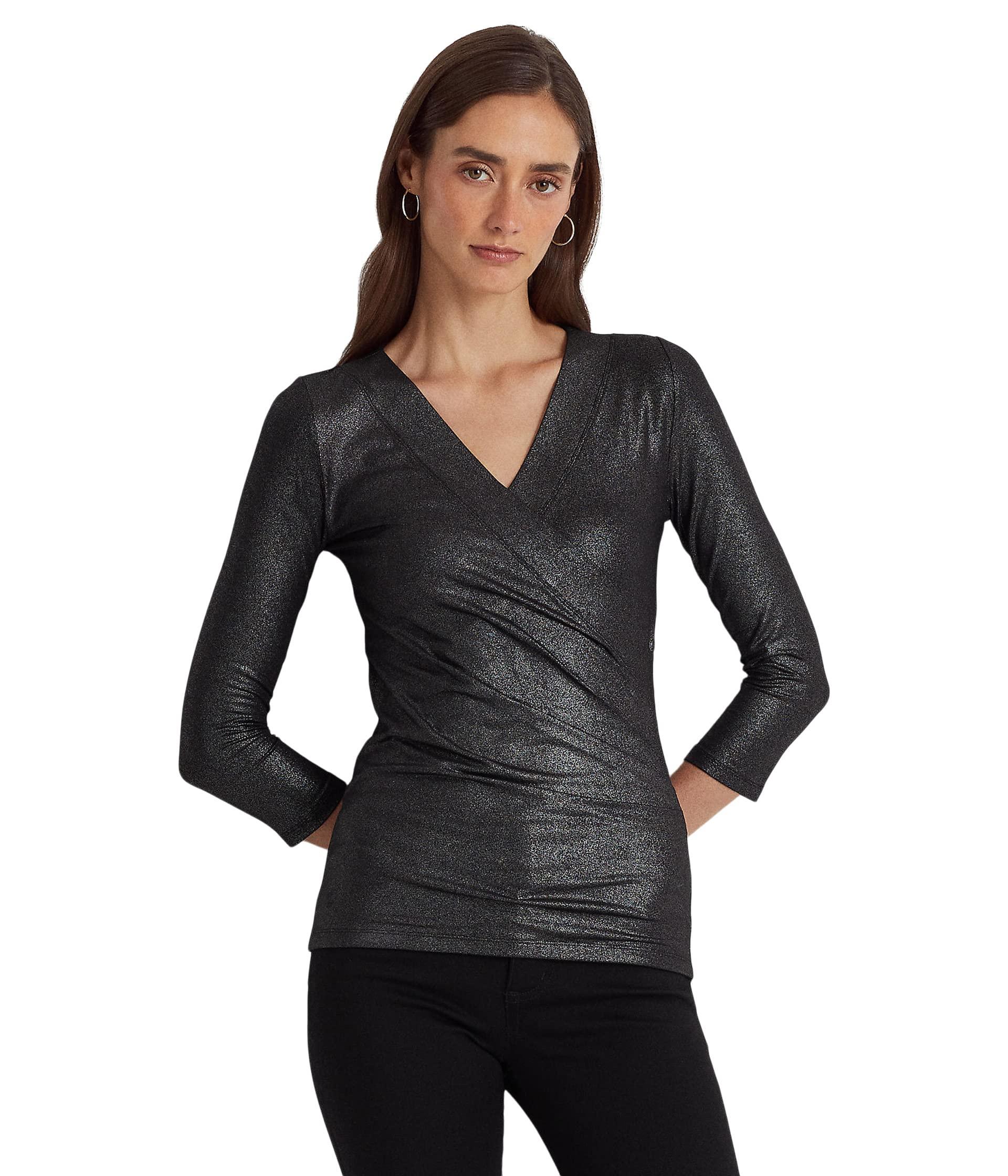 Lauren By Ralph Lauren Surplice Foil Print Stretch Jersey Top In Black