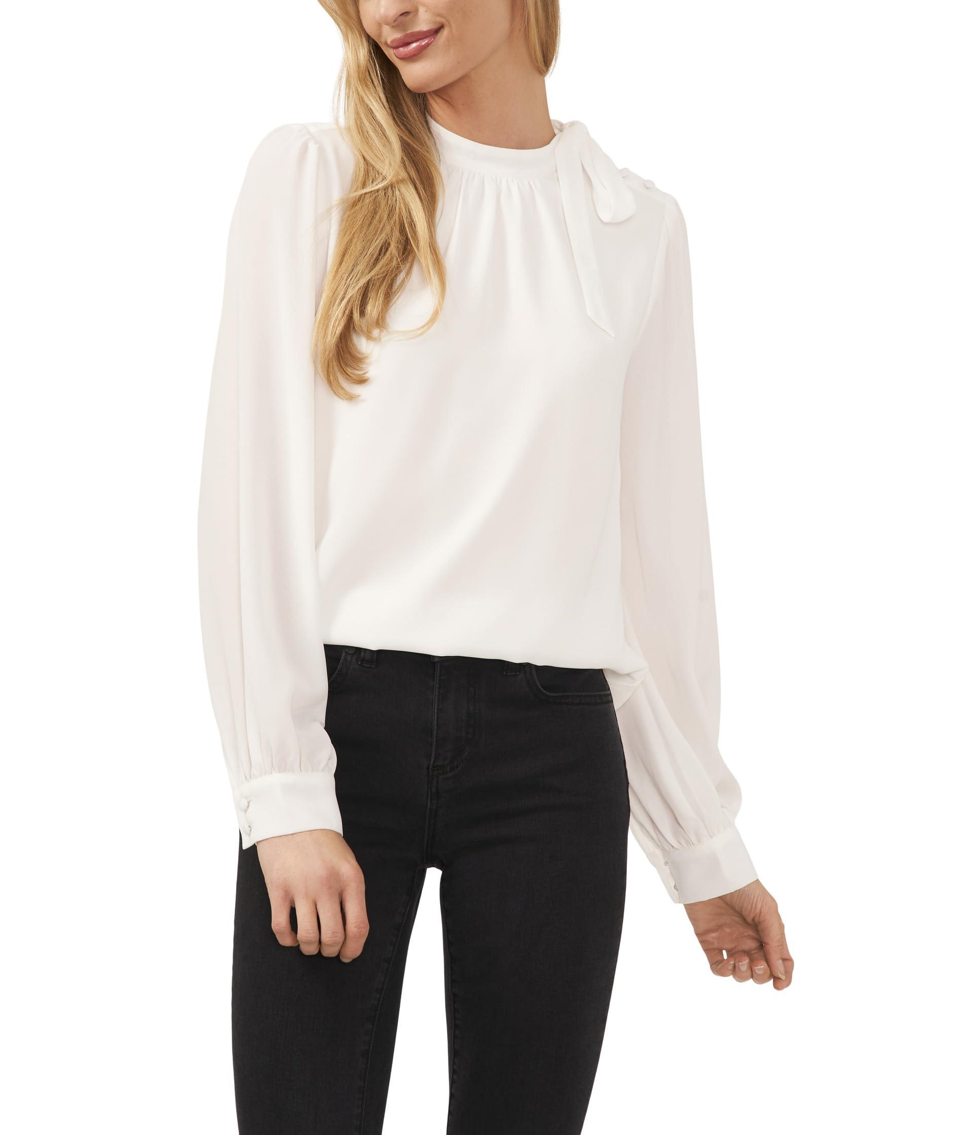 Cece Long Sleeve Tie Neck Button Shoulder Blouse in White | Lyst
